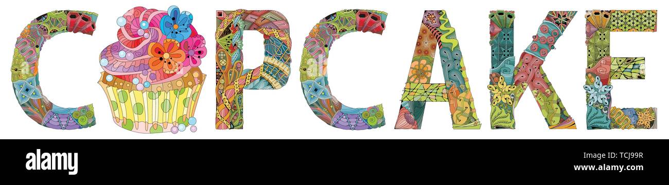 Hand-painted art design. Hand drawn illustration word CUPCAKE with ...