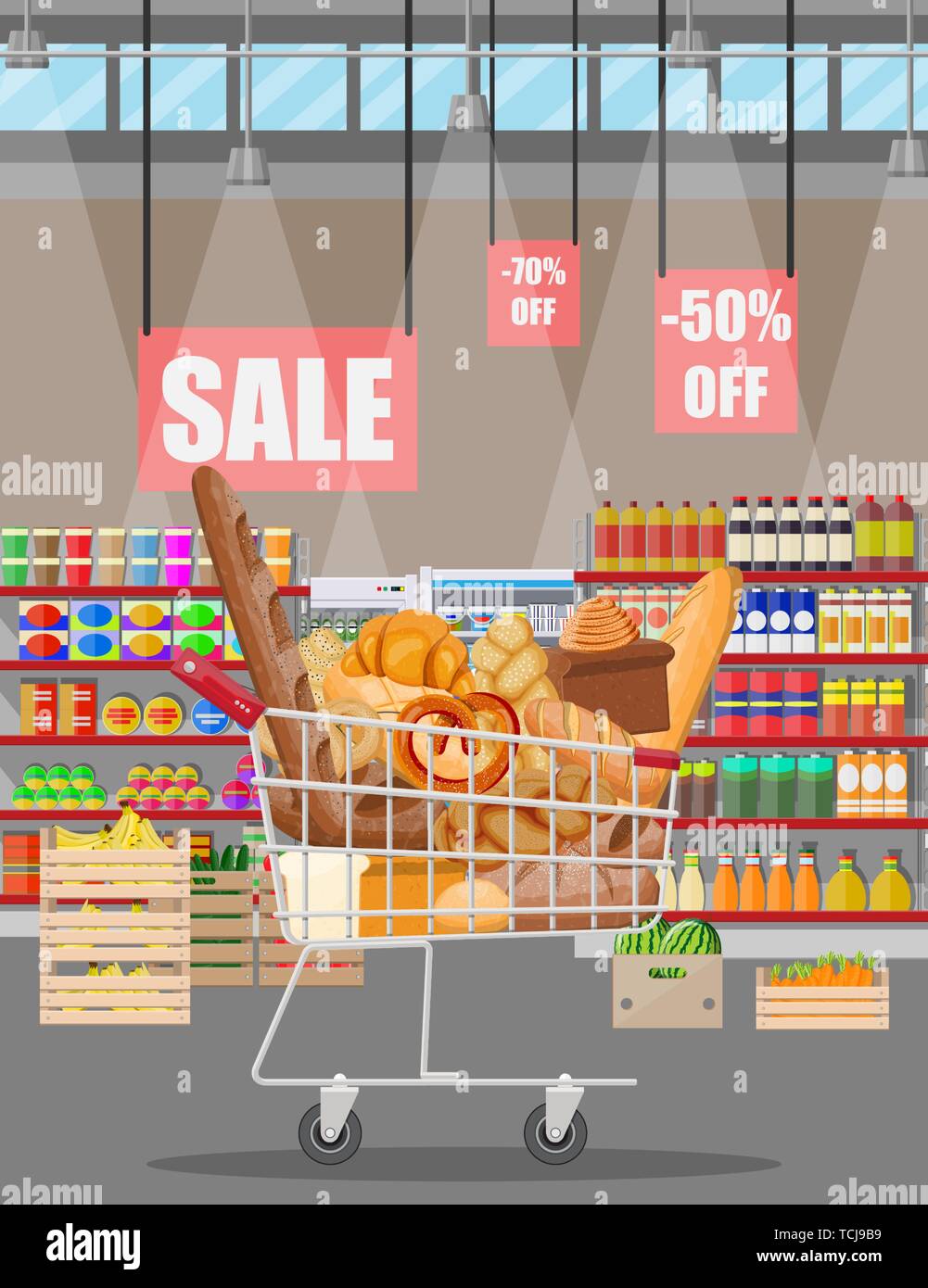 Bread products shopping cart. Supermarket interior Stock Vector Image ...