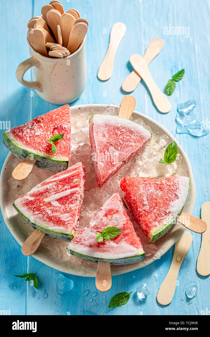Cold ice cream made of watermelon on ice Stock Photo - Alamy