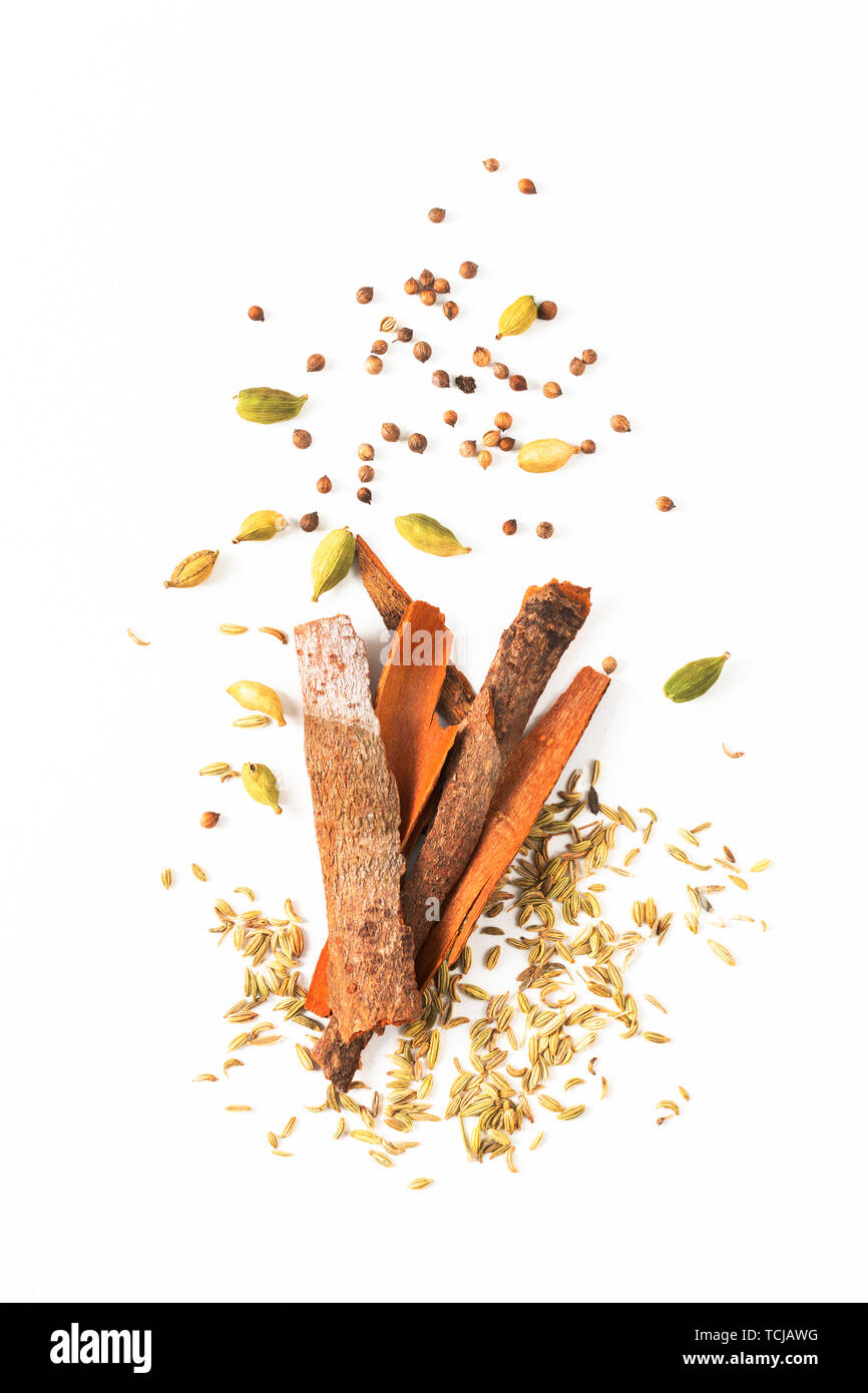 Food concept assortment Oriental spices cardamom pods, coriander seeds ...