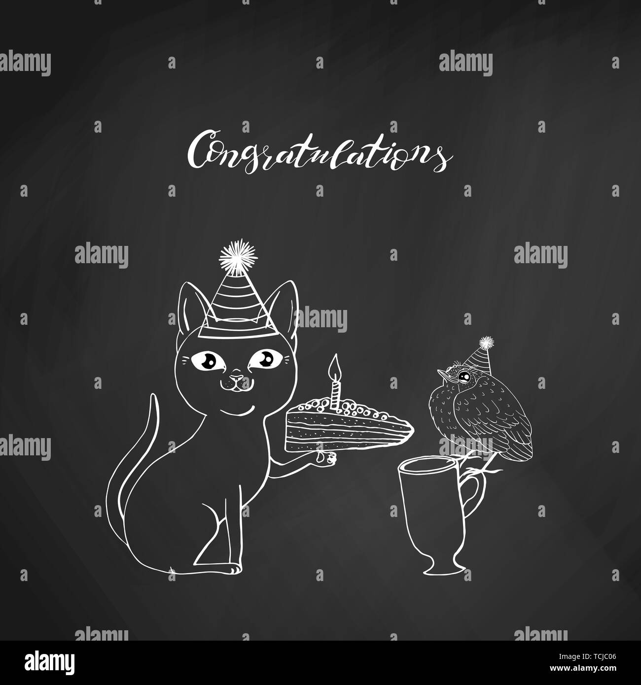 black cat in cone hat sitting and holding piece of cake. hand lettering ...