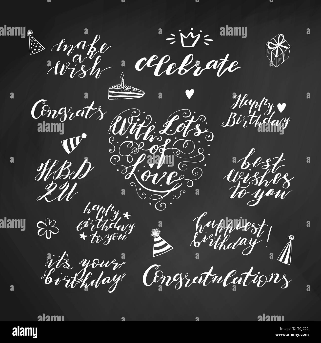 Hand lettering birthday wishes phrases set in white isolated on ...