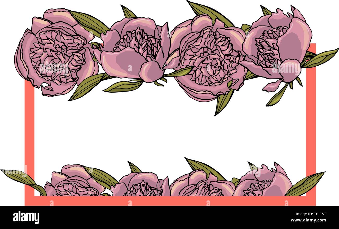 Hand drawn doodle style peony flower wreath. floral design element ...