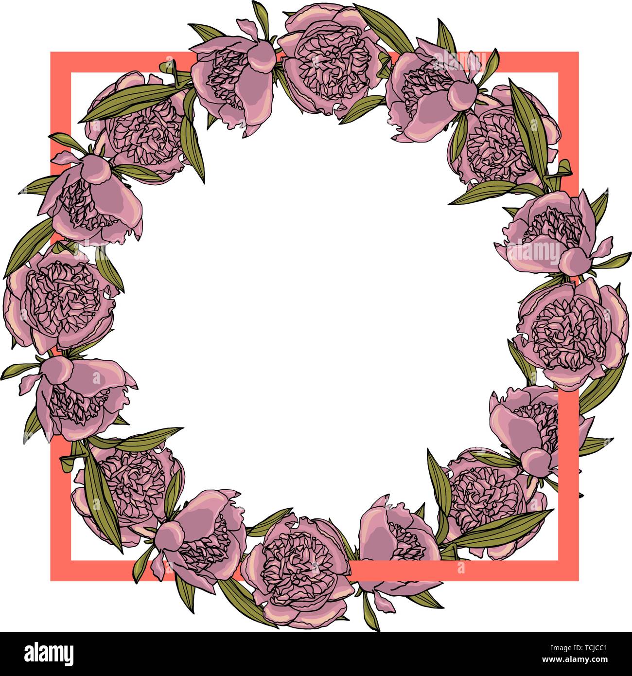 Hand drawn doodle style peony flower wreath. floral design element ...