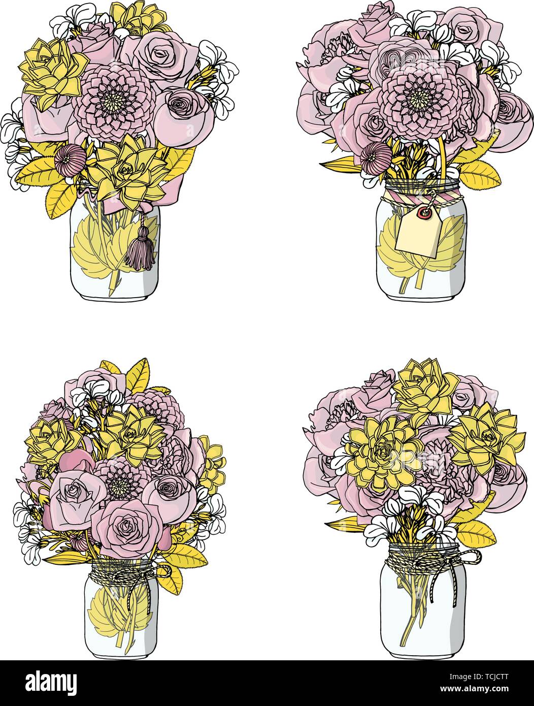Hand drawn doodle style bouquets of different flowers isolated Stock ...