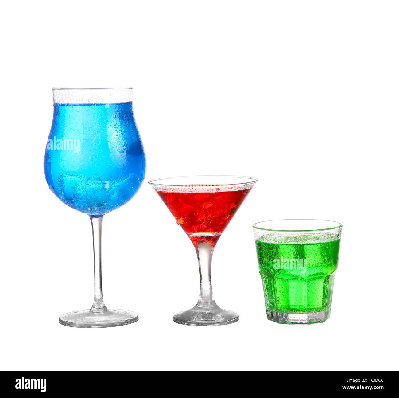 Three cocktail red blue and green isolated on white background Stock ...