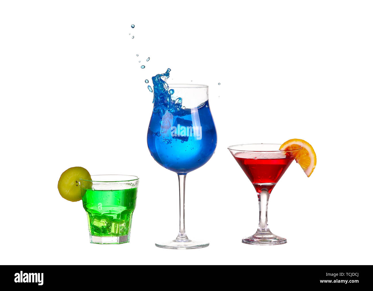 Three cocktail red blue and green isolated on white background splash ...