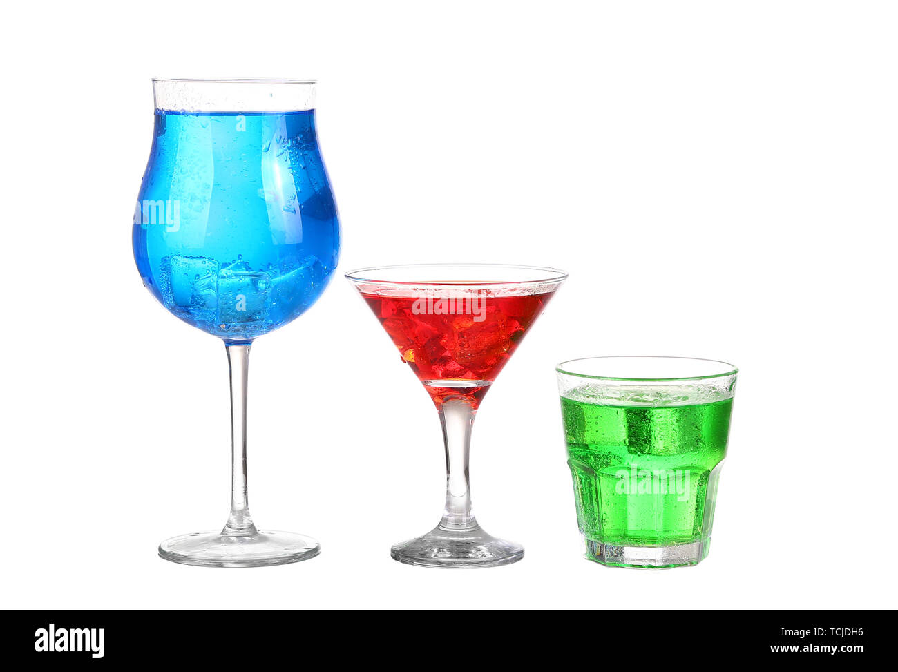 Three cocktail red blue and green isolated on white background Stock ...