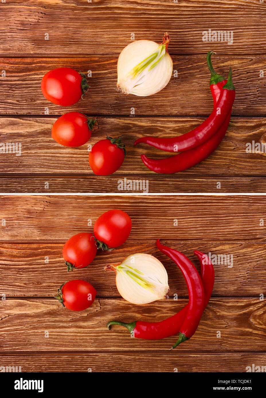 collage Red hot cherry and chili peppers over white wooden background ...