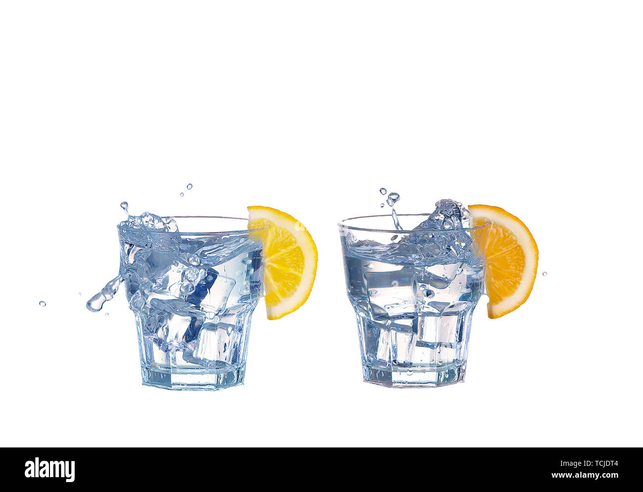 collage Glass of water, ice and slice of fresh lemon on a white ...