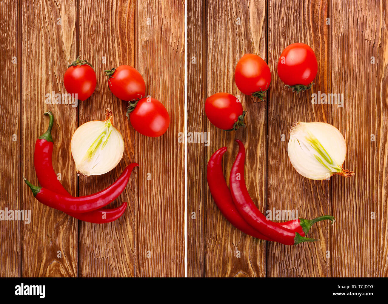 collage Red hot cherry and chili peppers over white wooden background ...