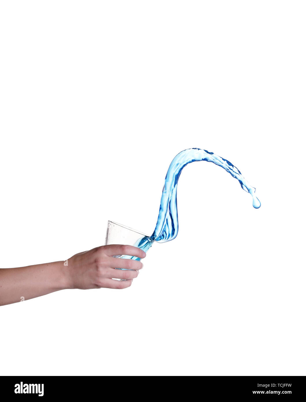 Blue water splashing in glass held by hand, white background Stock ...
