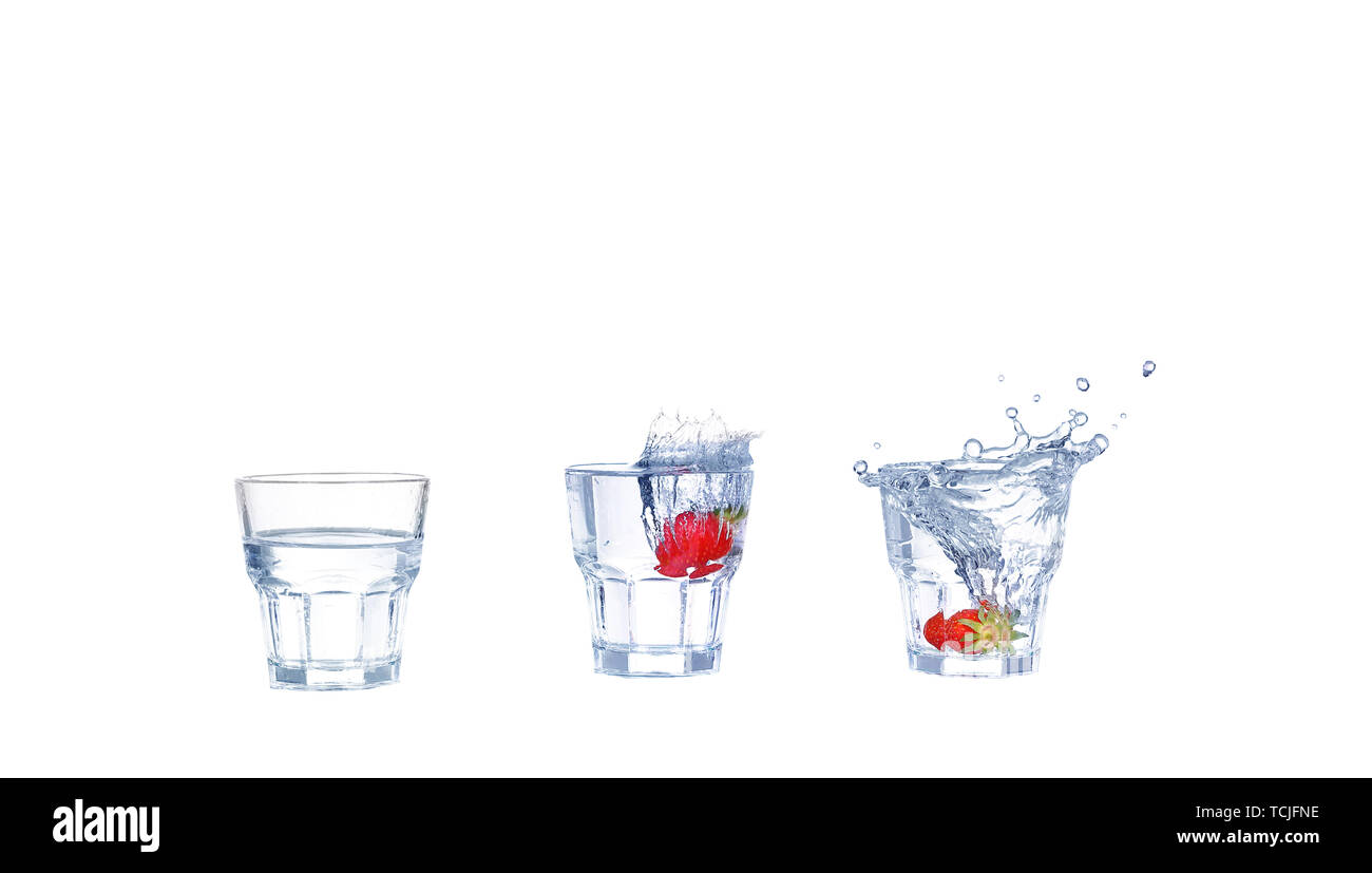 collage Strawberries, ice cubes into the glass Stock Photo - Alamy