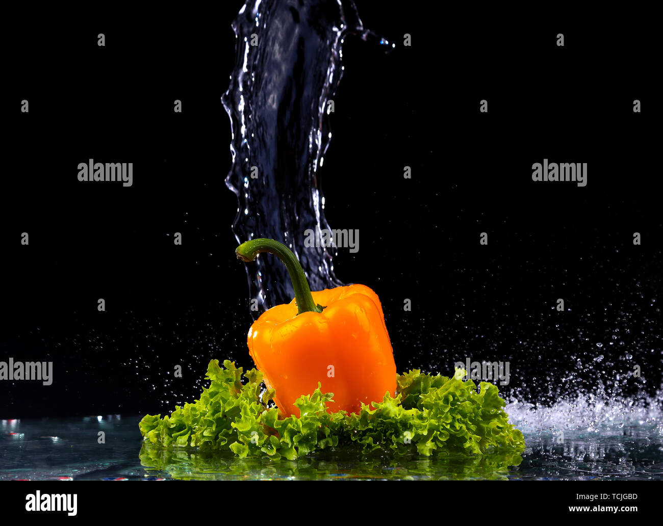 fresh water splash on red sweet pepper in black background with copy ...