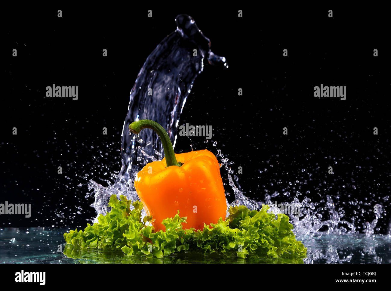 fresh water splash on red sweet pepper in black background with copy ...