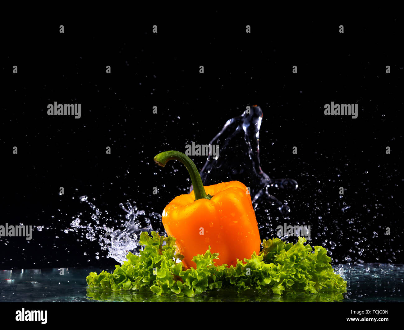 fresh water splash on red sweet pepper in black background with copy ...