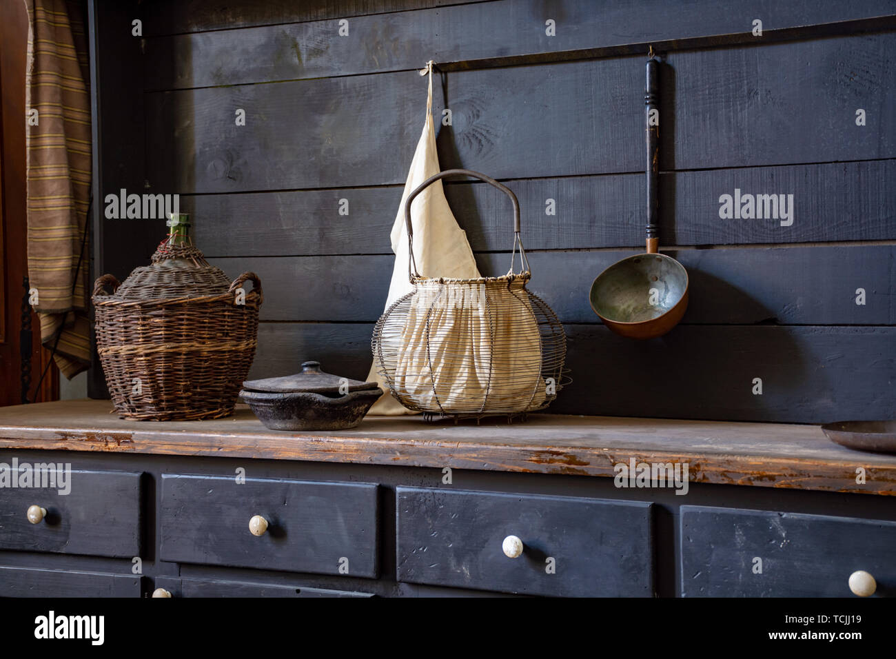 Still life with old vintage kitchen interier, dark key, home style ...