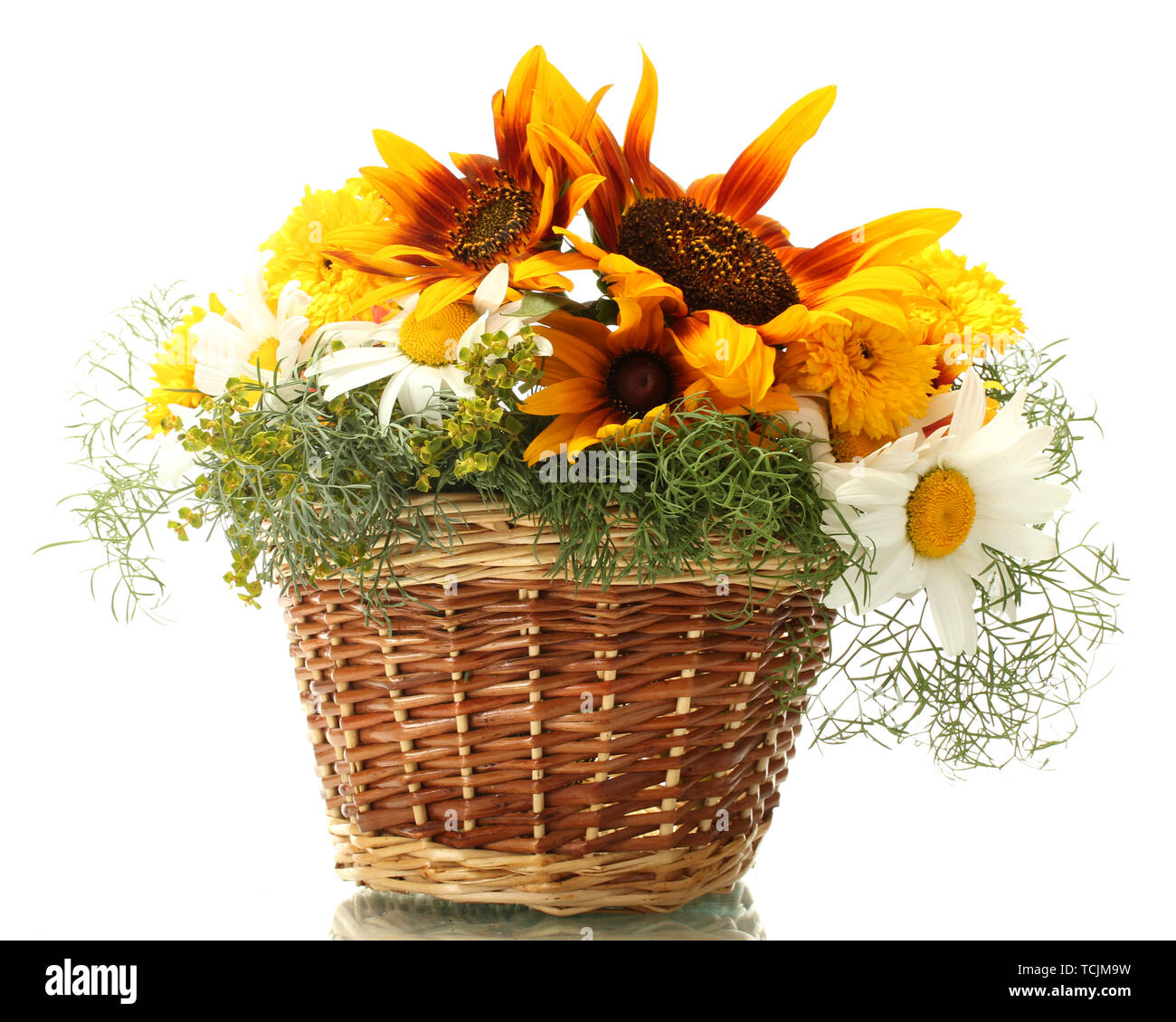 beautiful bouquet of bright wildflowers in basket, isolated on white ...