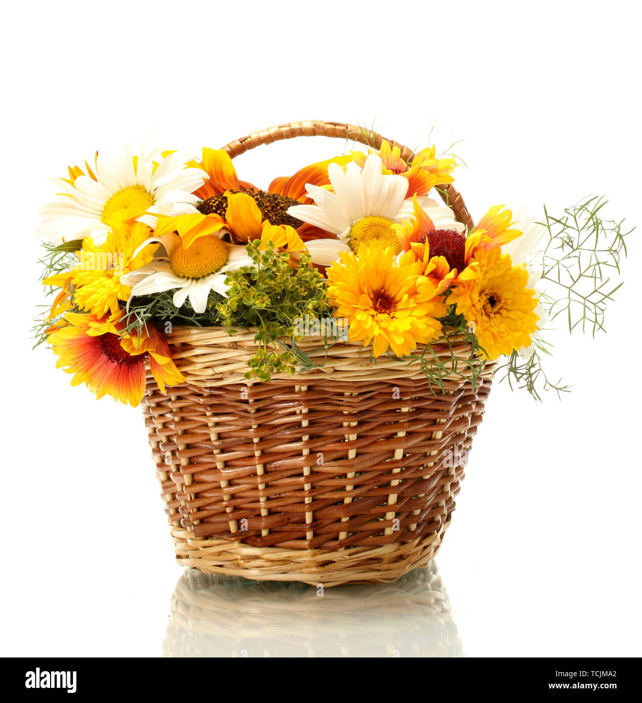 beautiful bouquet of bright wildflowers in basket, isolated on white ...