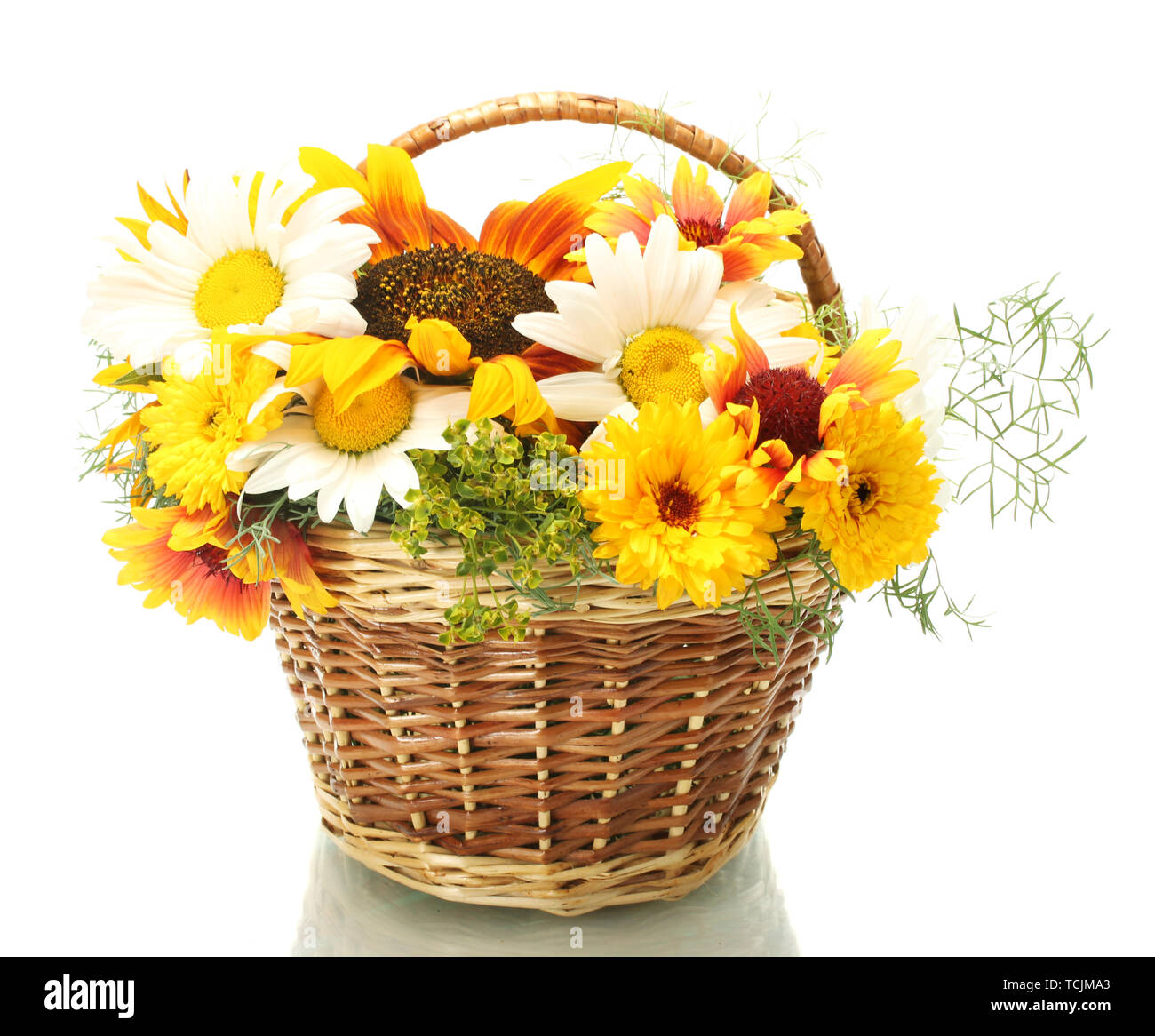 beautiful bouquet of bright wildflowers in basket, isolated on white ...