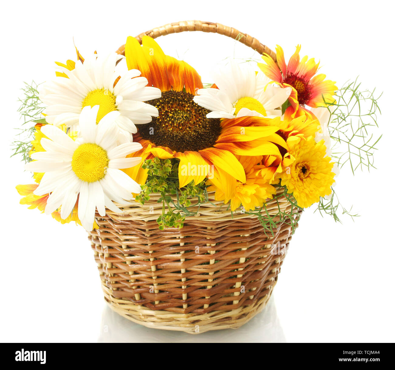 beautiful bouquet of bright wildflowers in basket, isolated on white ...