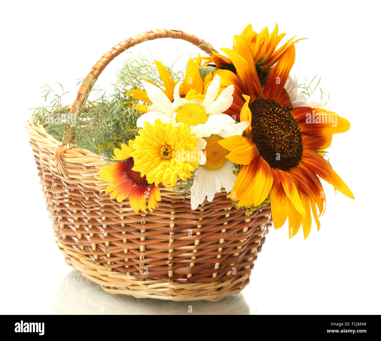 beautiful bouquet of bright wildflowers in basket, isolated on white ...