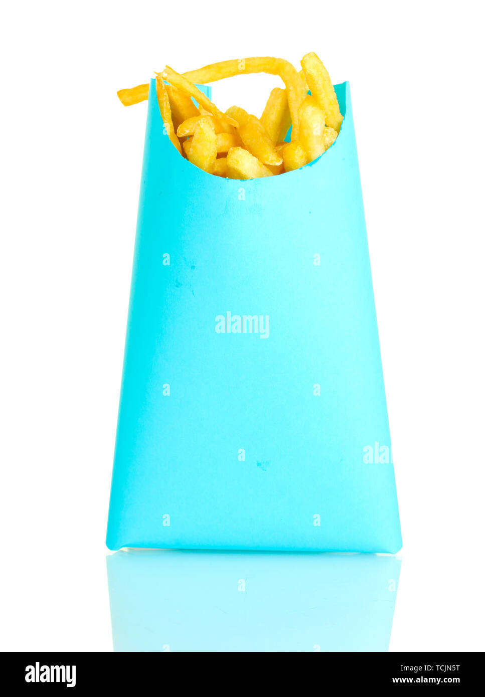 Potatoes fries in blue paper bag isolated on white Stock Photo - Alamy