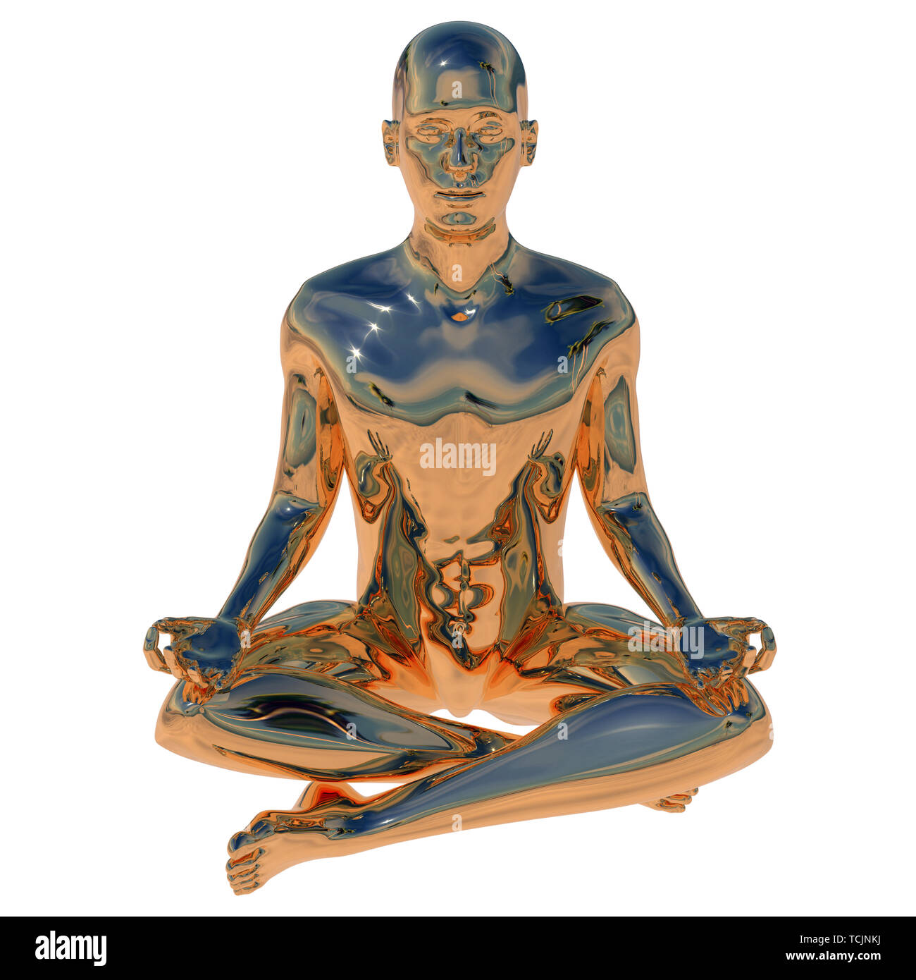 Man golden stylized sitting in lotus pose polished figure. Human mental ...