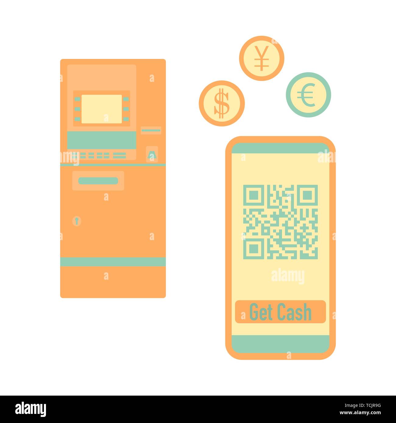 Vector illustration with phone with qr code, ATM cash withdrawal ...