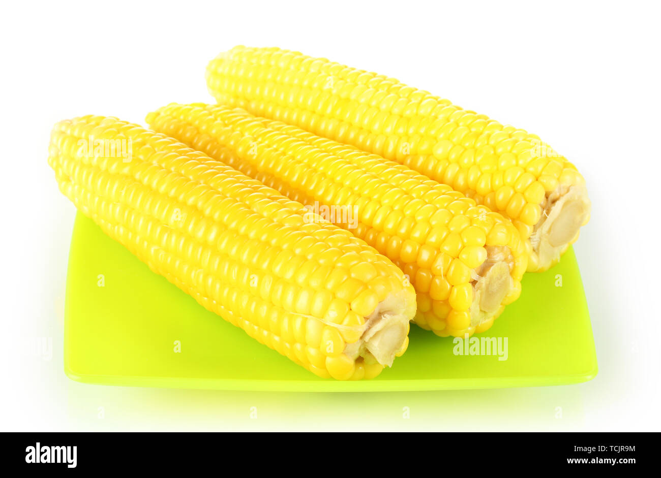 boiled corn isolated on white on the green plate Stock Photo - Alamy