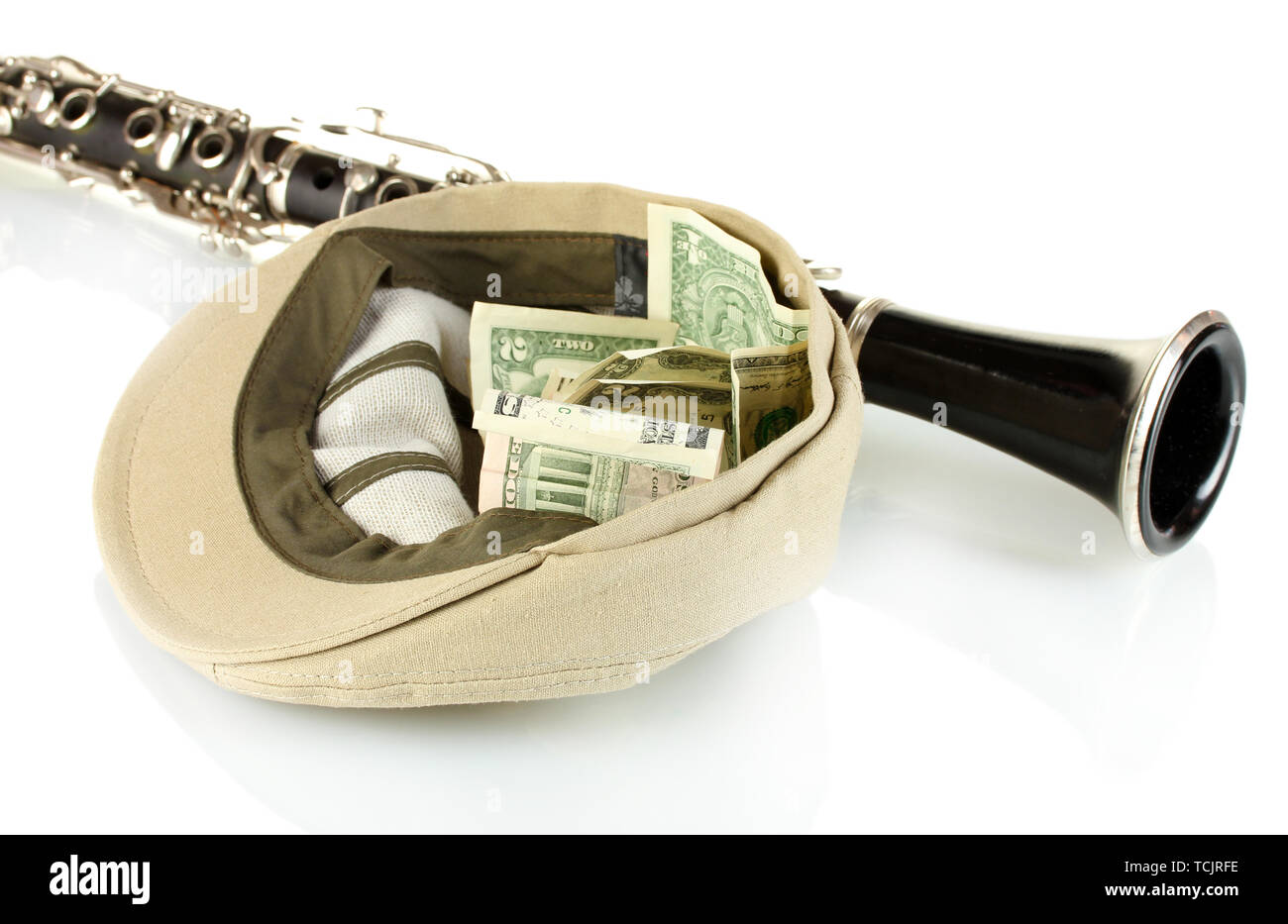 musician hat with money isolated on white Stock Photo - Alamy