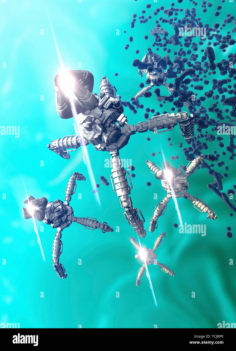 Nanobots attacking virus, illustration Stock Photo - Alamy
