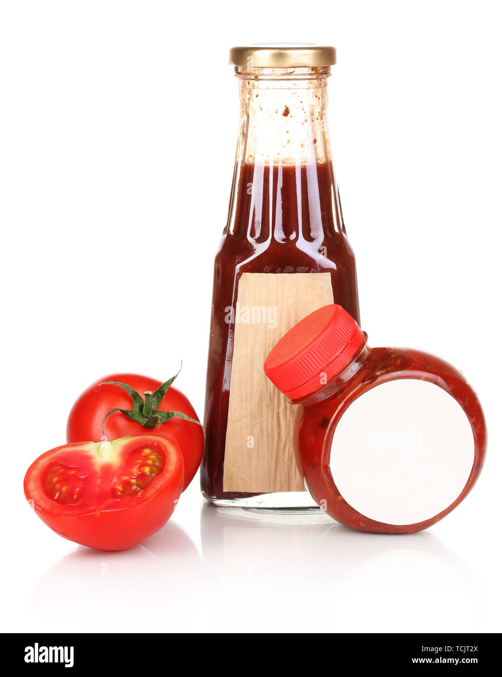 Tomato sauce in bottles isolated on white Stock Photo - Alamy