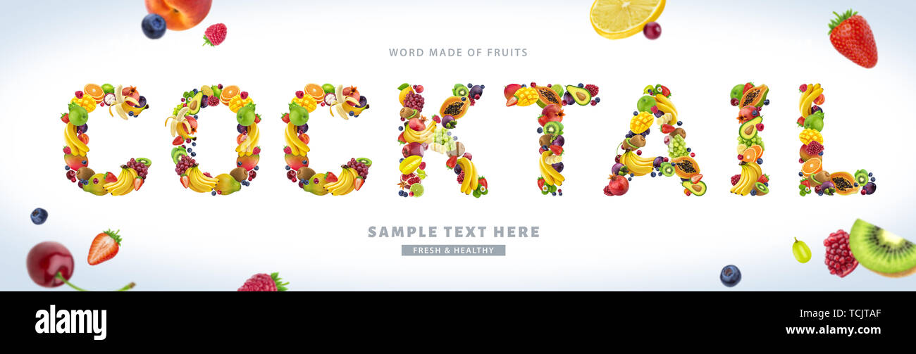 Word COCKTAIL made of different fruits and berries, fruit font isolated ...