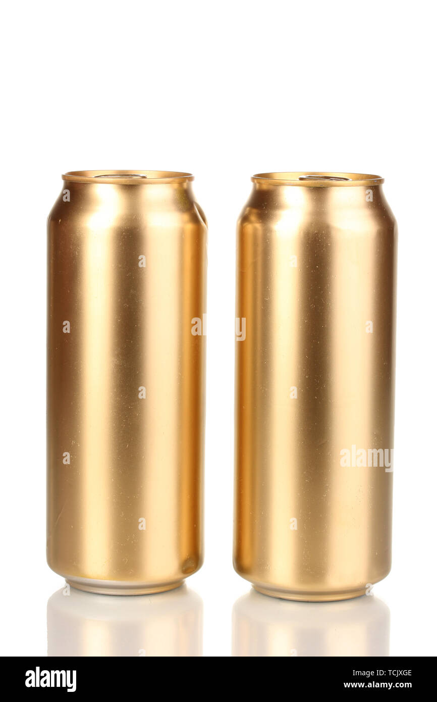 golden cans isolated on white Stock Photo - Alamy