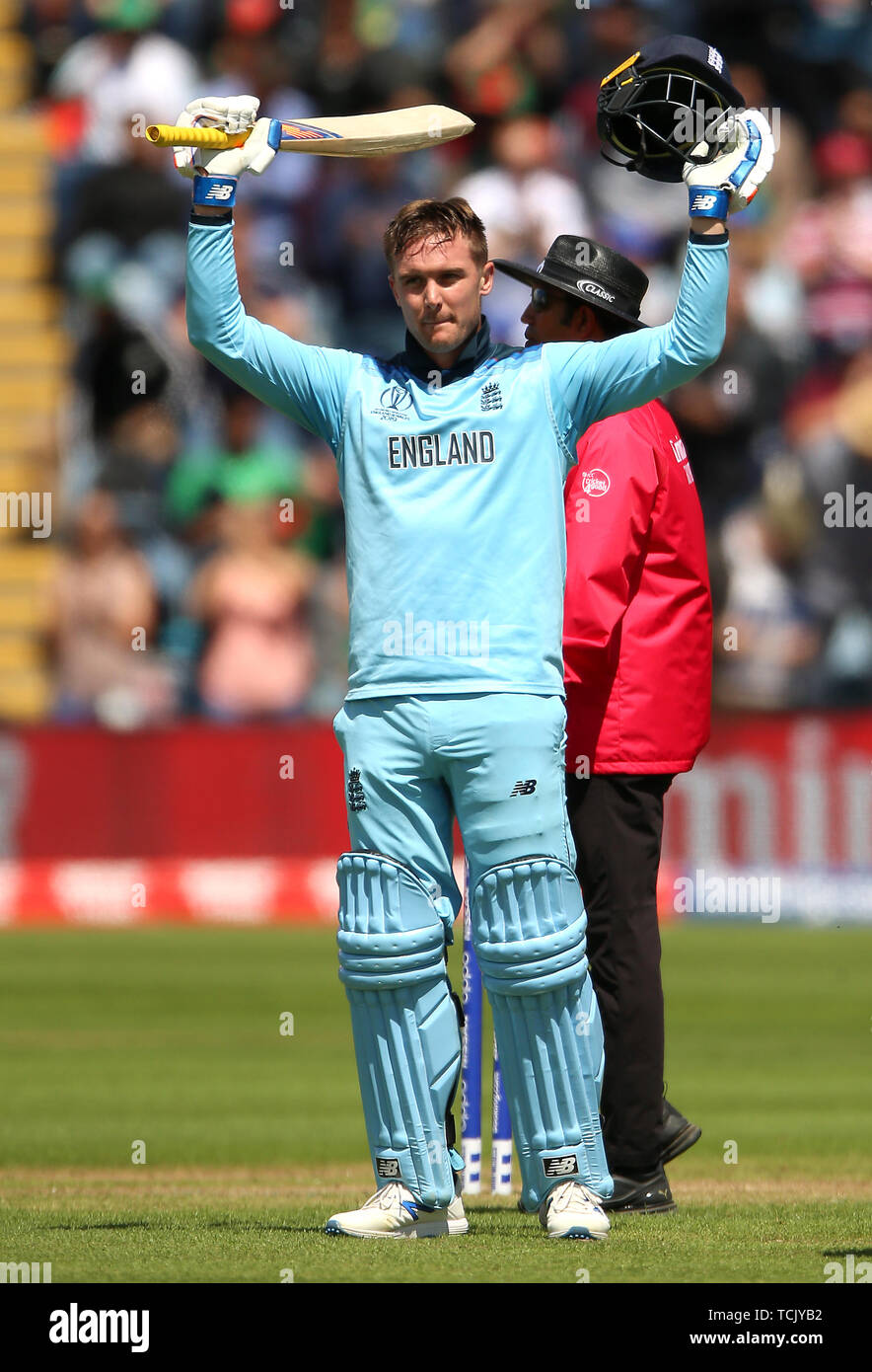 England's Jason Roy celebrates hitting a century during the ICC cricket ...