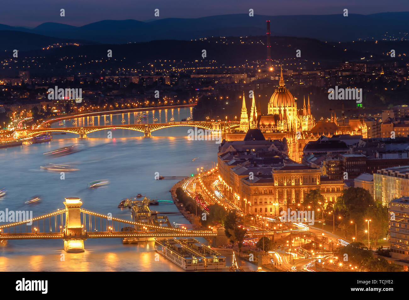 Aerial view of Budapest, Hungary with Chain bridge and Parliament ...