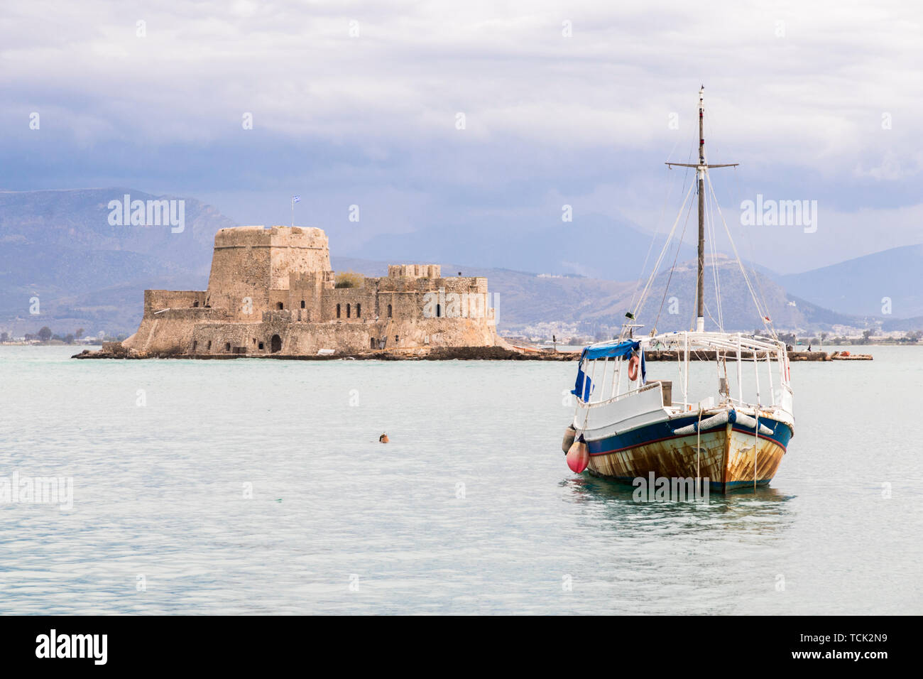 Nafplio, Greece. The Bourtzi castle, a Venetian marine sea fortress in ...