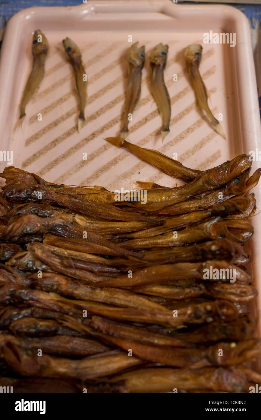 Baikal fish hot smoked and dried on the street market. Listvyanka ...