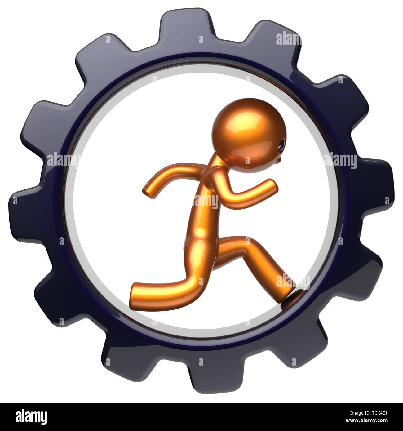 Gear wheel man character running inside gearwheel business hard work ...