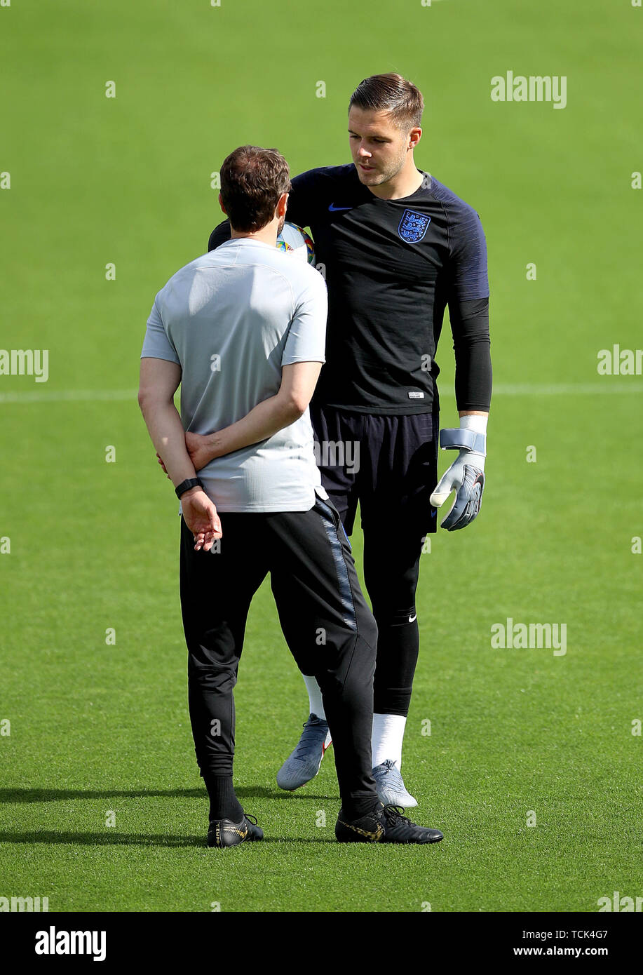 England's Jack Butland (back) during a training session at the ...