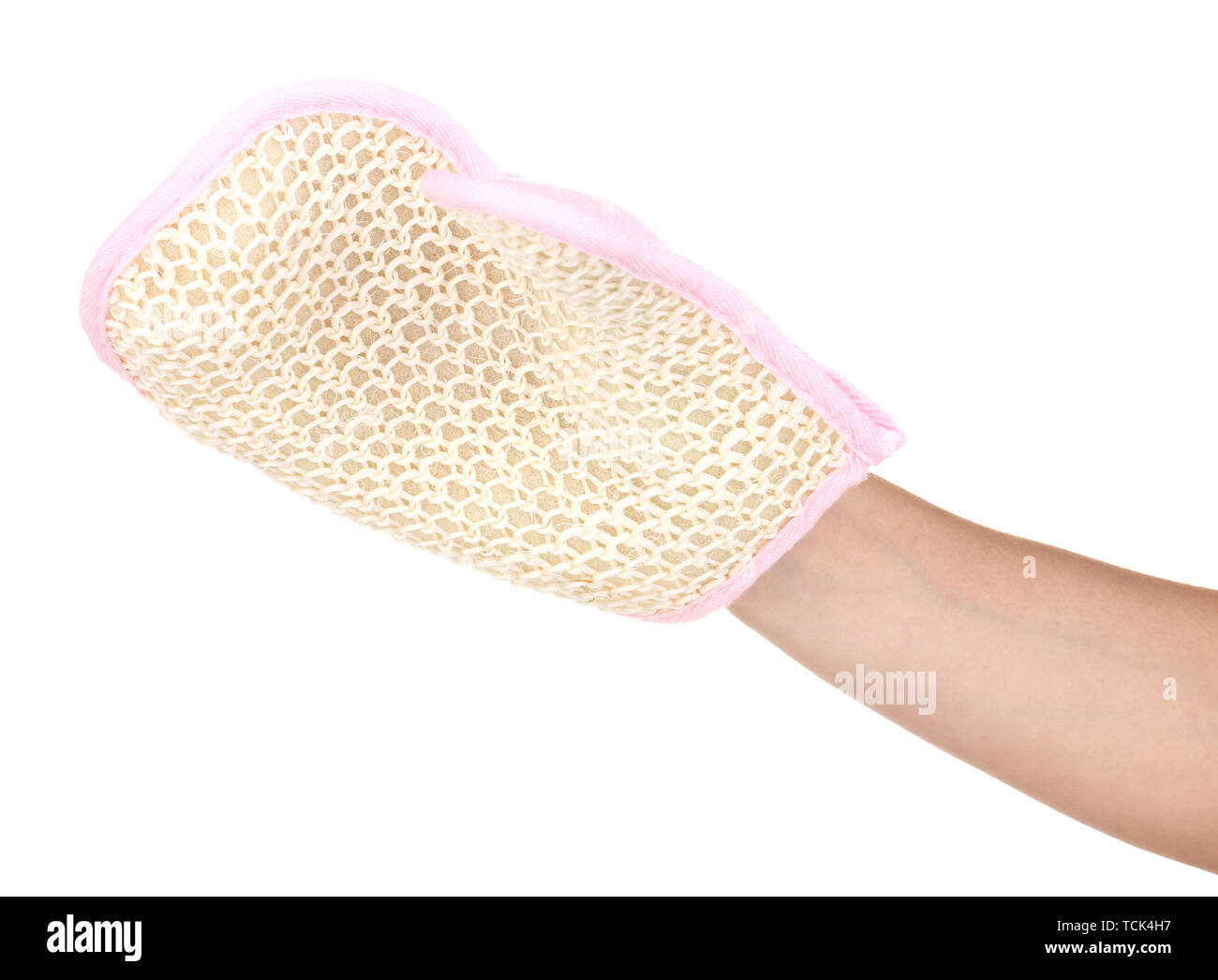 Sponges for bathing on hand isolated on white Stock Photo - Alamy