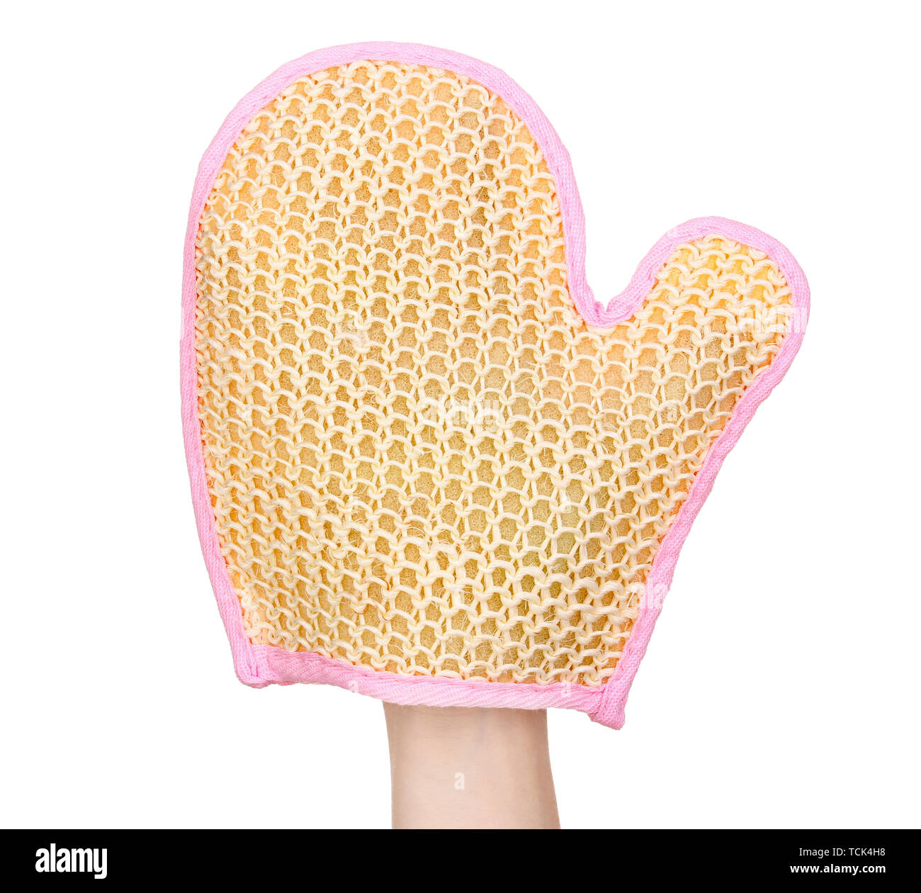 Sponges for bathing on hand isolated on white Stock Photo - Alamy