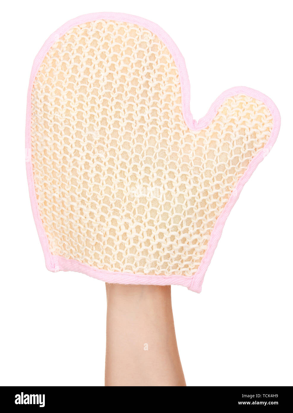 Sponges for bathing on hand isolated on white Stock Photo - Alamy