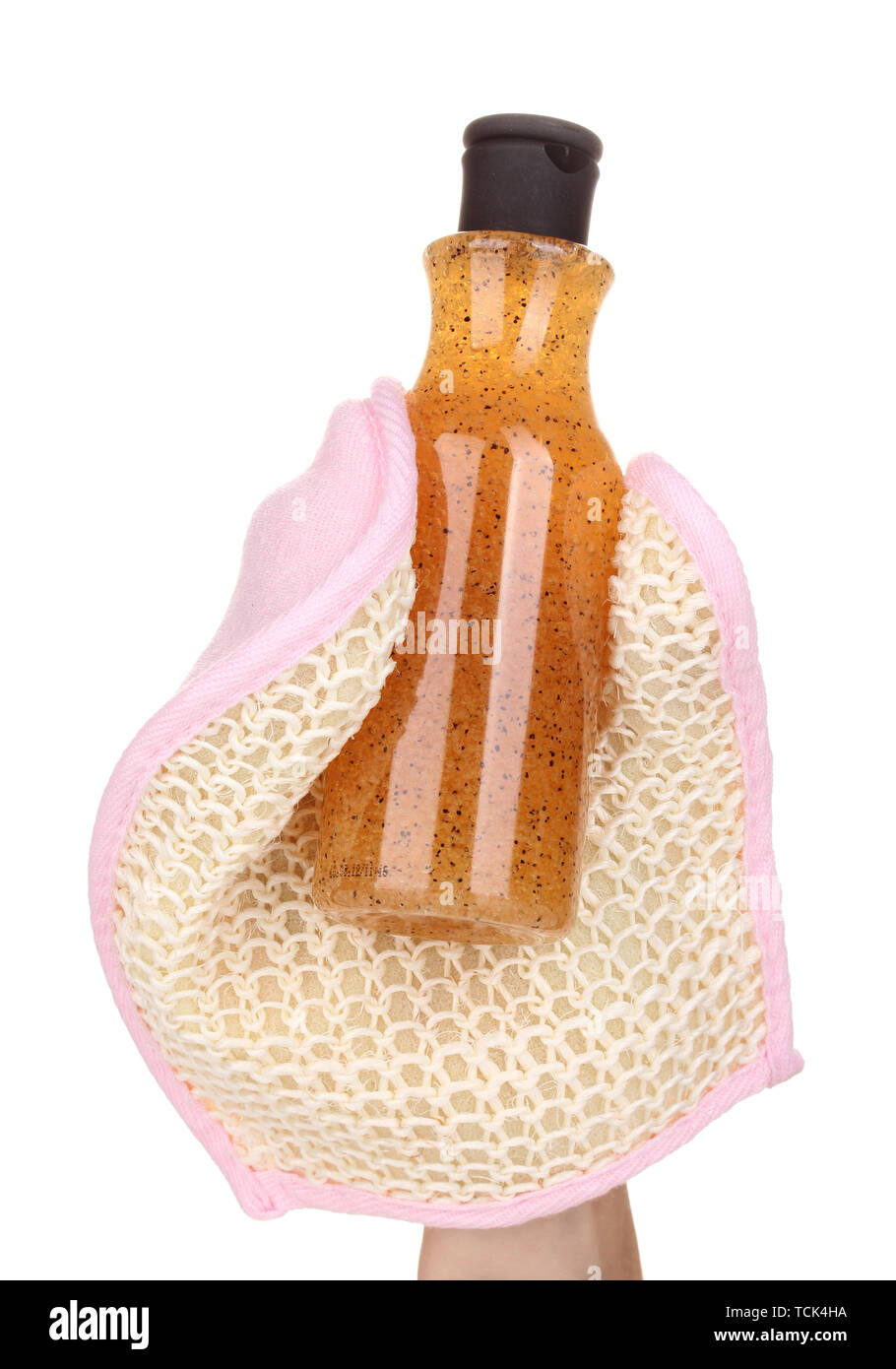 Sponges for bathing on hand with scrub isolated on white Stock Photo ...