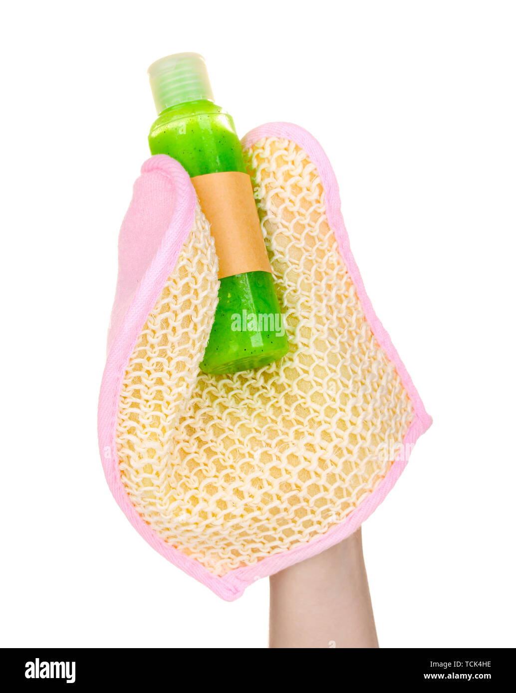 Sponges for bathing on hand with scrub isolated on white Stock Photo ...