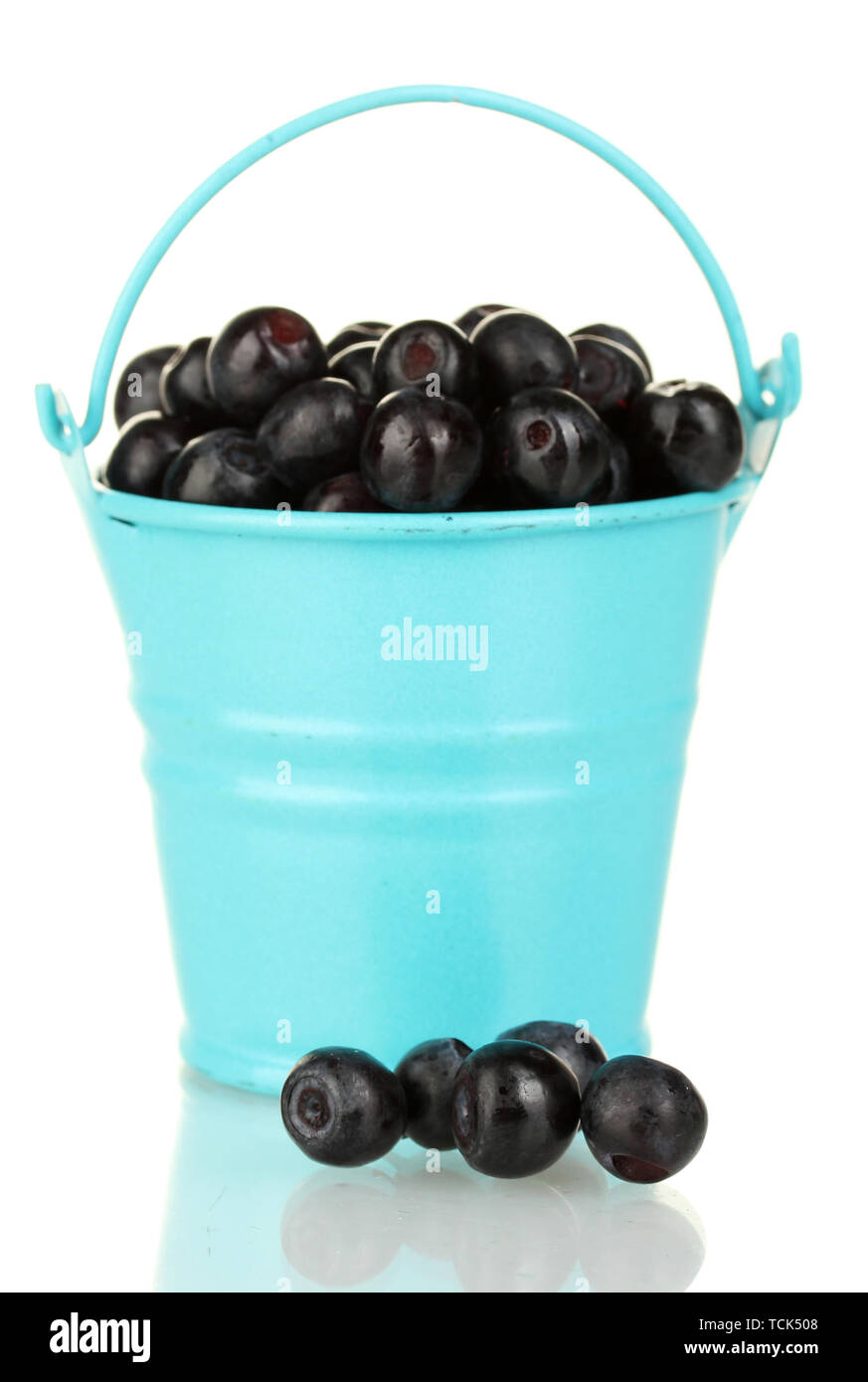 ripe blueberries in blue bucket isolated on white Stock Photo - Alamy