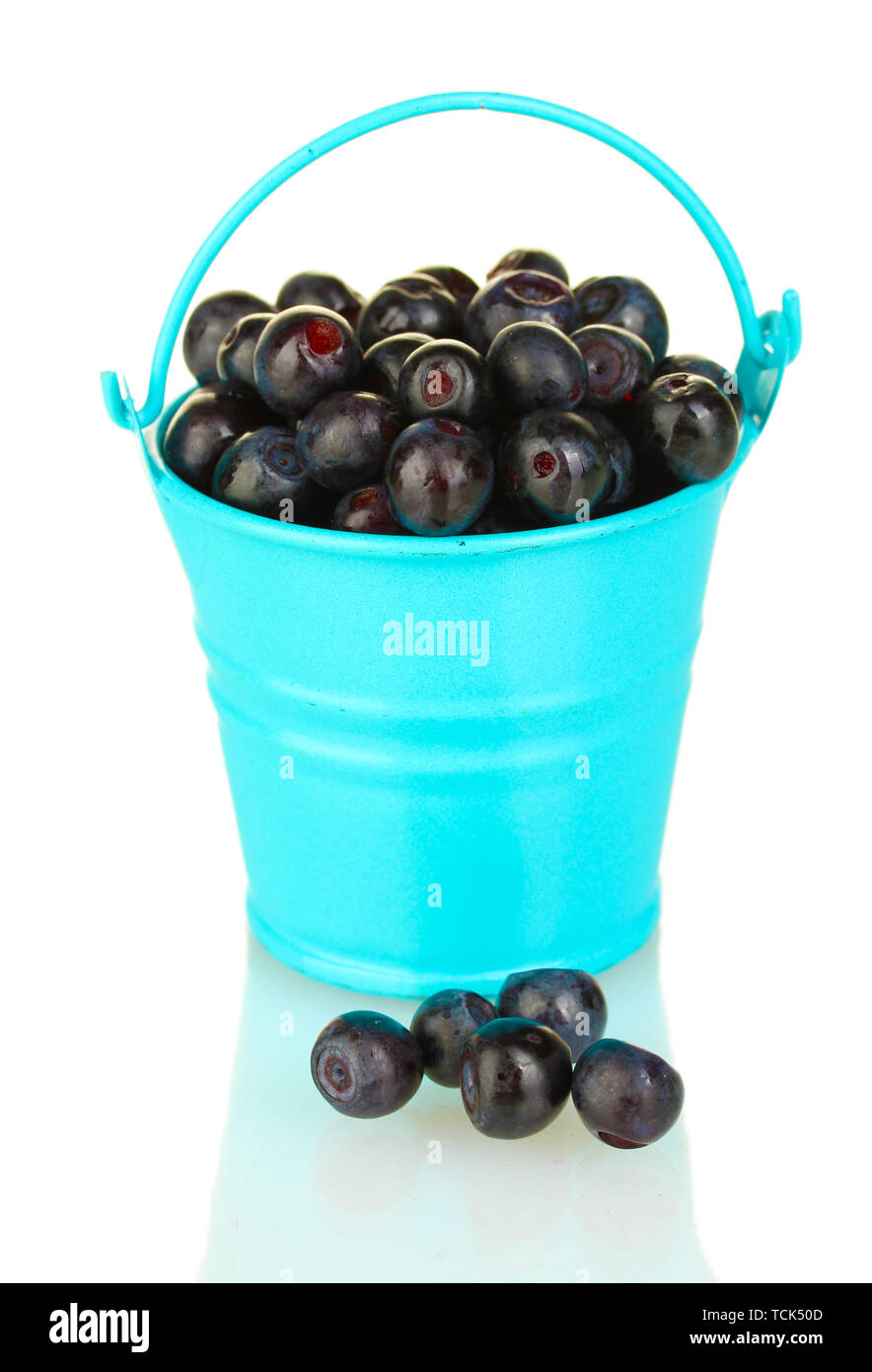 ripe blueberries in blue bucket isolated on white Stock Photo - Alamy
