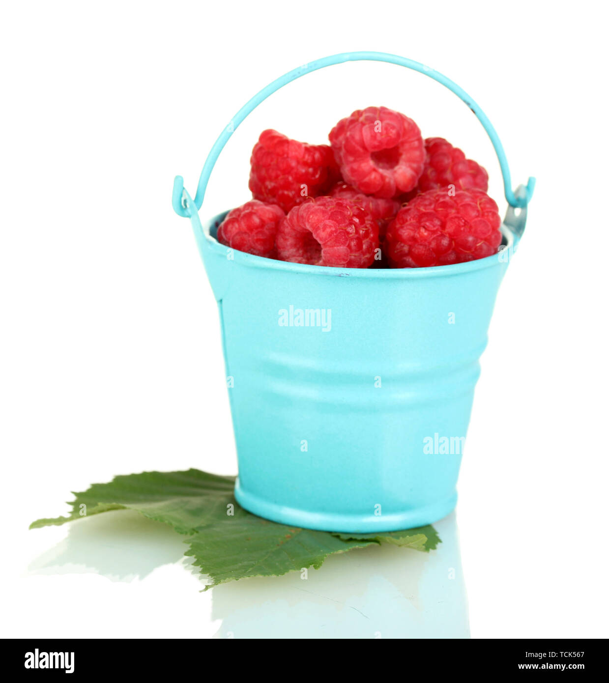 Fresh raspberries in blue bucket isolated on white Stock Photo - Alamy