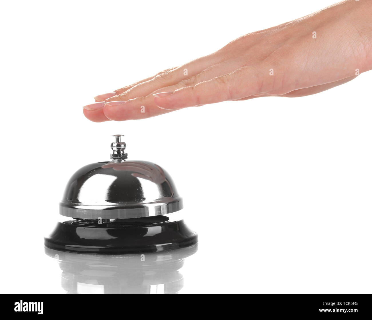 Hand ringing in service bell isolated on white Stock Photo - Alamy